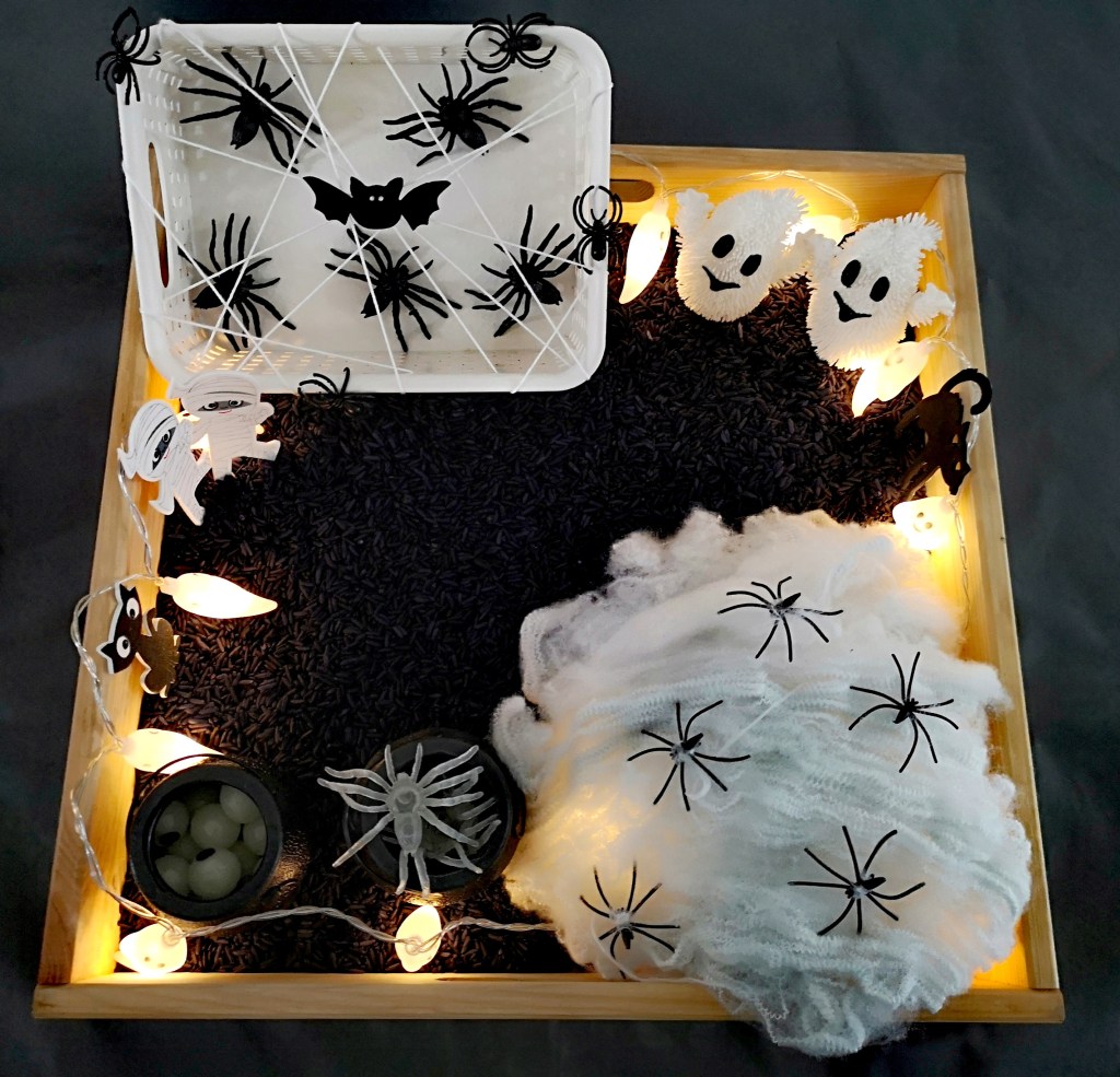 Bac sensoriel Halloween : noir et blanc – Ma vie trépidante de maman